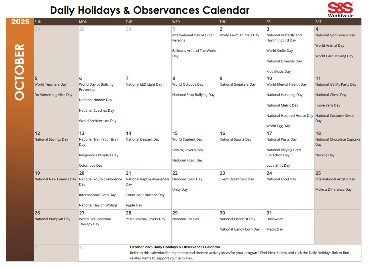 Daily Holidays & Observances Printable Calendar Archives - S&S Blog
