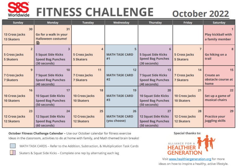 October Printable Fitness Challenge Calendar - S&S Blog
