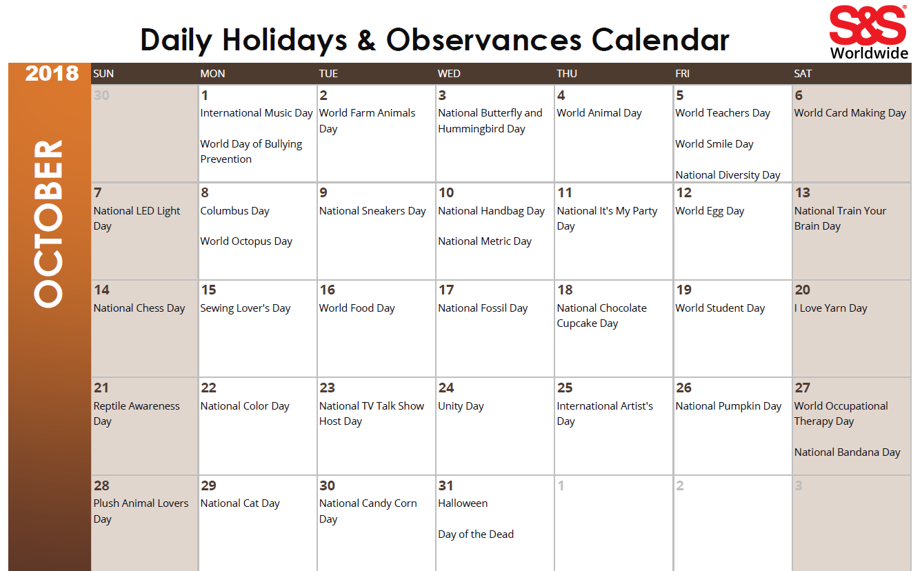 October Holidays and Observances Calendar 2 - S&S Blog