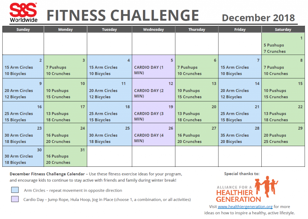 Printable Fitness Challenge Calendar December 2018 - S&S Blog