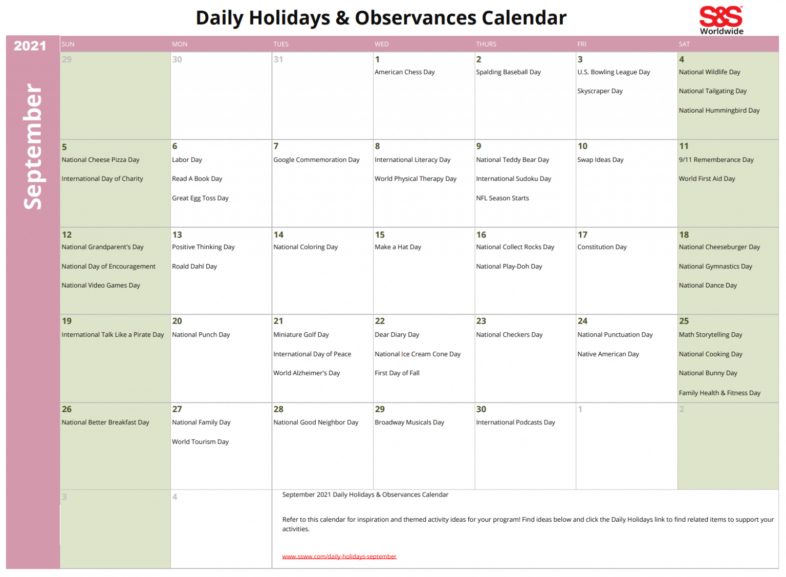 Daily Holidays & Observances Printable Calendar Archives - S&S Blog