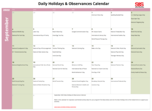 September Daily Holidays & Observances Printable Calendar - S&S Blog