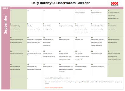 September Daily Holidays & Observances Printable Calendar - S&S Blog