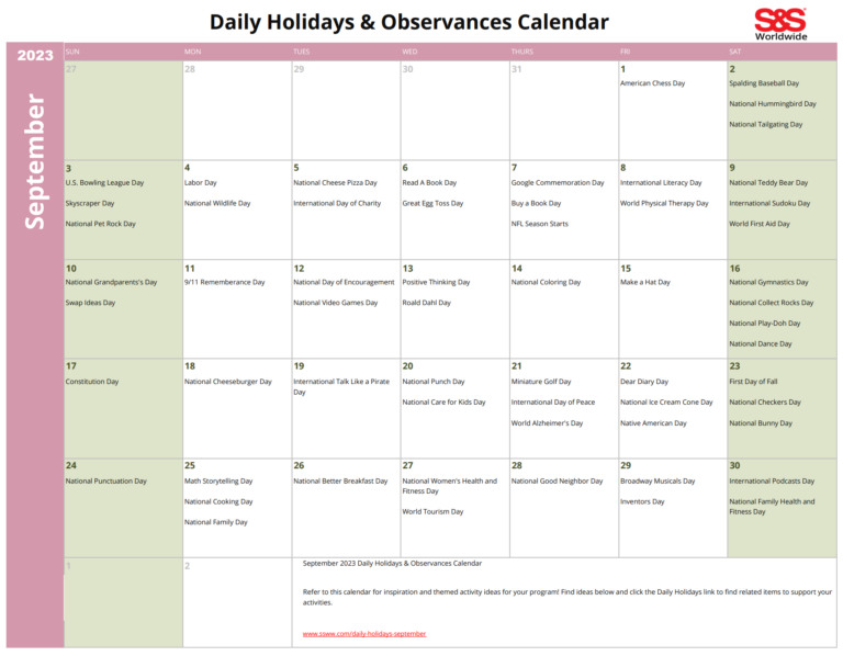 Daily Holidays & Observances Printable Calendar Archives - S&S Blog