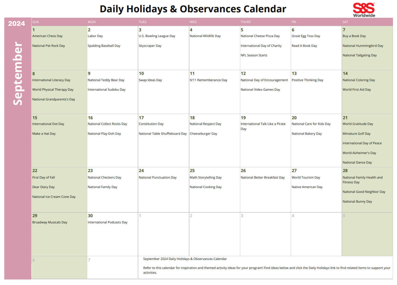 September Daily Holidays & Observances Printable Calendar - S&S Blog