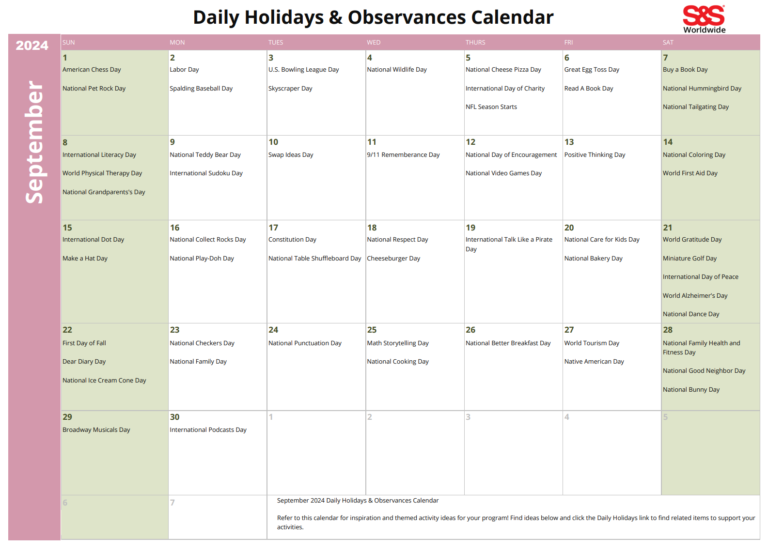 September Daily Holidays & Observances Printable Calendar - S&S Blog
