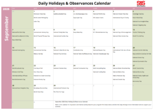 September Daily Holidays & Observances Printable Calendar - S&S Blog