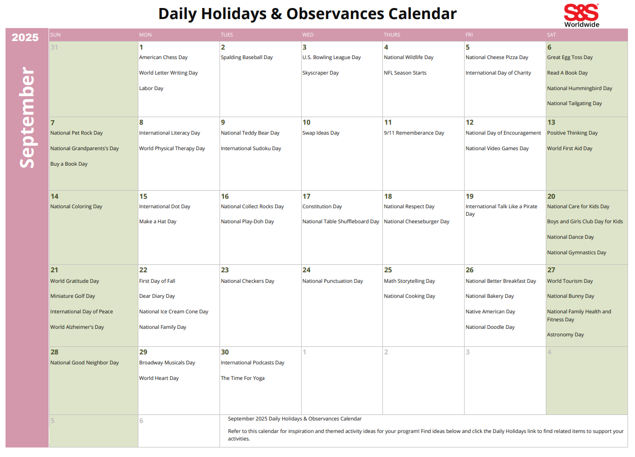 Daily Holidays & Observances Printable Calendar Archives - S&S Blog