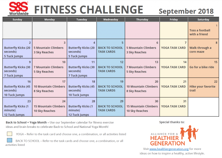 September Fitness Challenge Calendar - S&S Blog